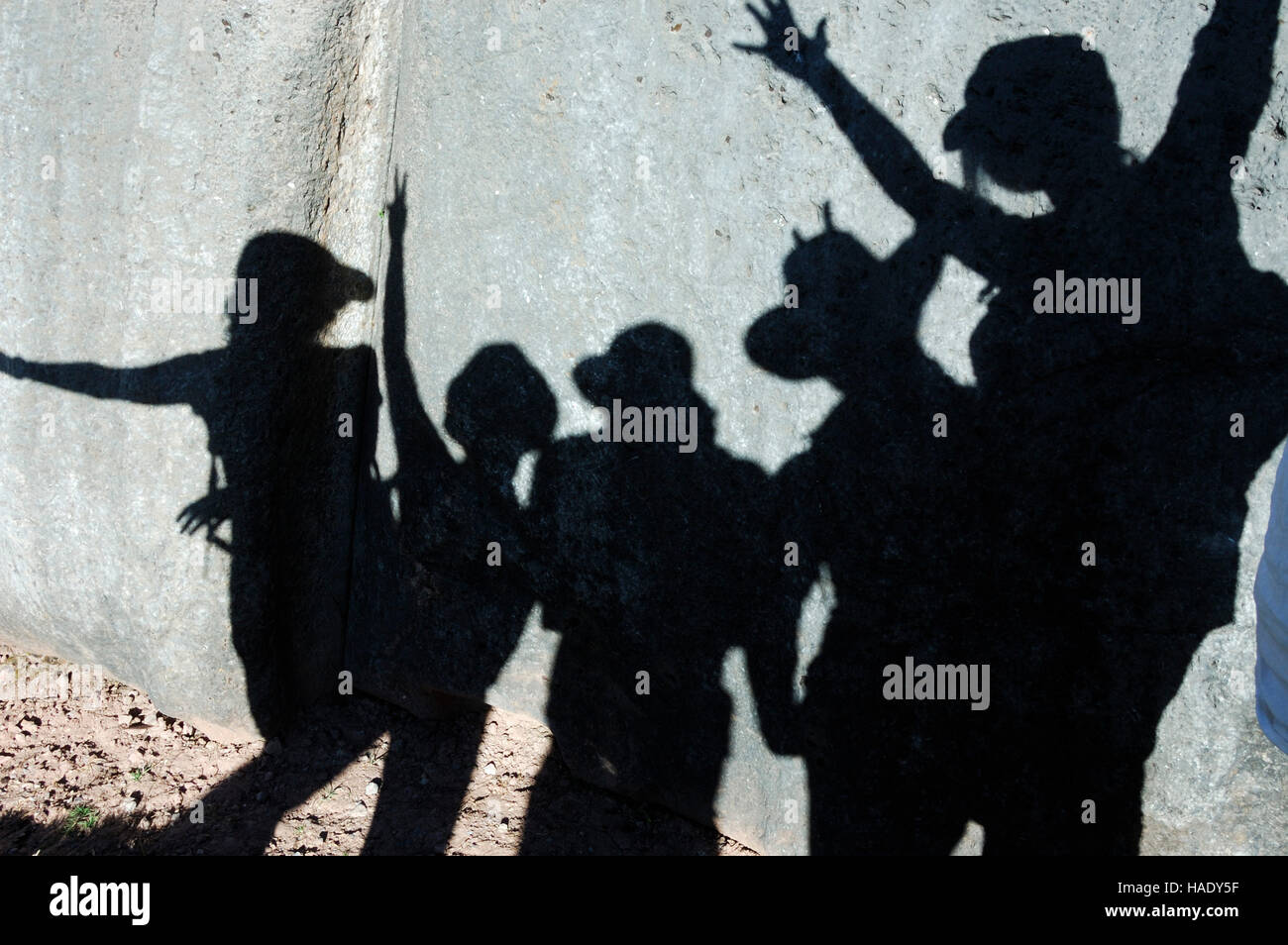 Shadows of five people, Sacsayhuaman, Cusco, Peru, South America Stock ...