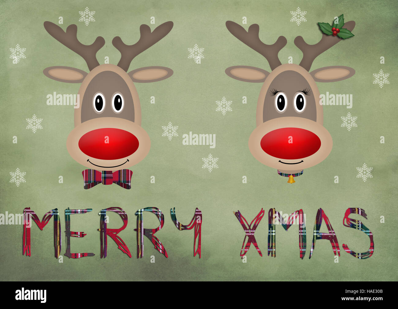 cute reindeer with red noses on green vintage background with test ...