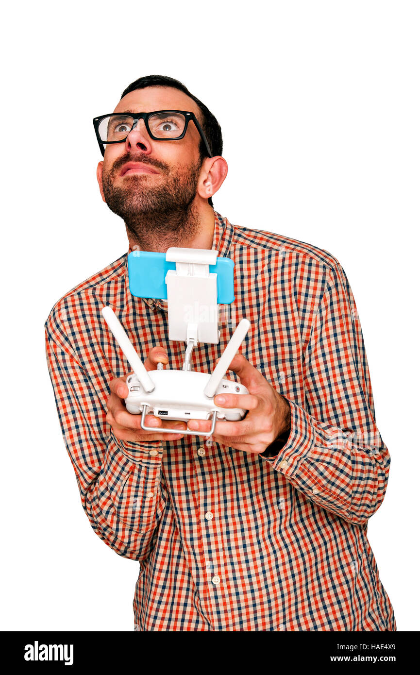 Man with flying drone. Studio shot on white background, isolated Stock ...