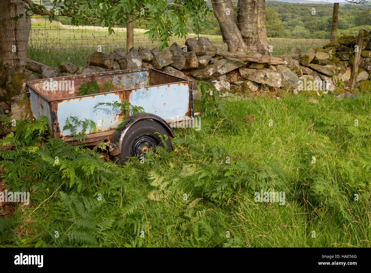 rusty trailer in field with stone wall Stock Photo - Alamy