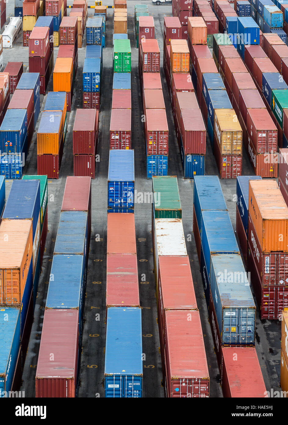 Many colorful shipping containers at a coastal freight yard Stock Photo ...