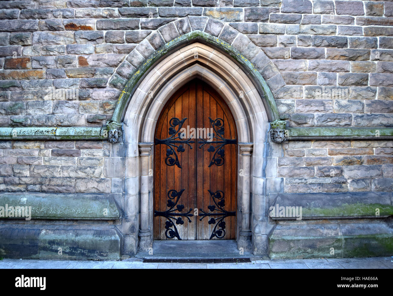 Beautiful architecture of the rear entrance into the old church in city ...