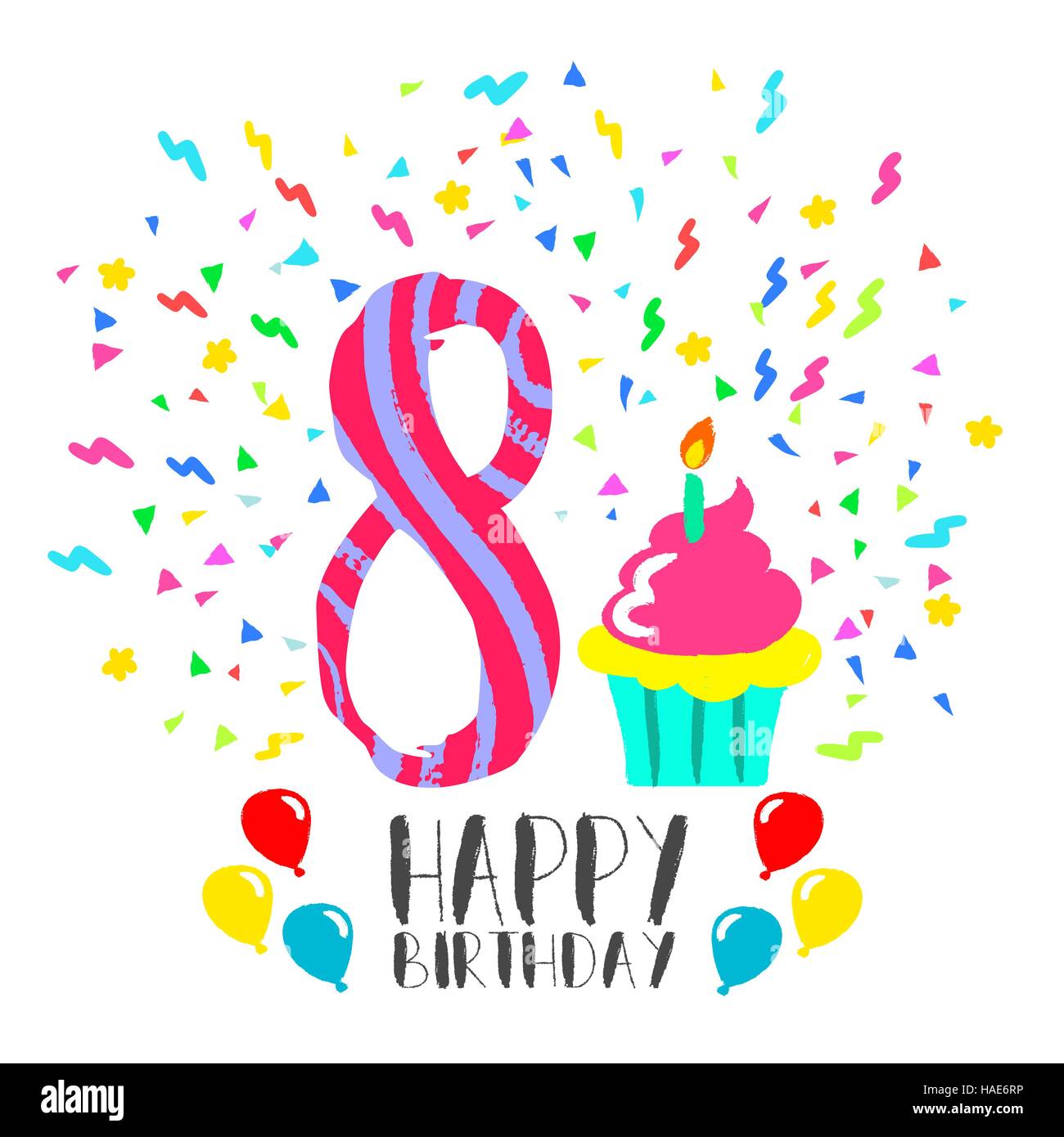 Happy birthday number 8, greeting card for eight year in fun art style ...