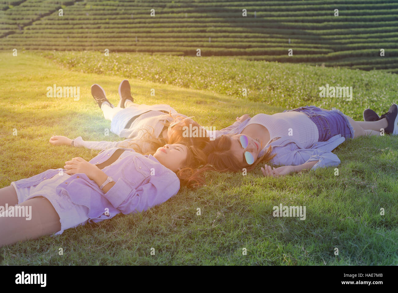 Three beautiful asian girls are laying on the sunny glade with smail ...