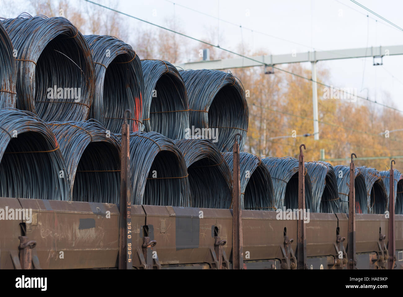 row of train cargo wagons with rolls of steel wire Stock Photo - Alamy