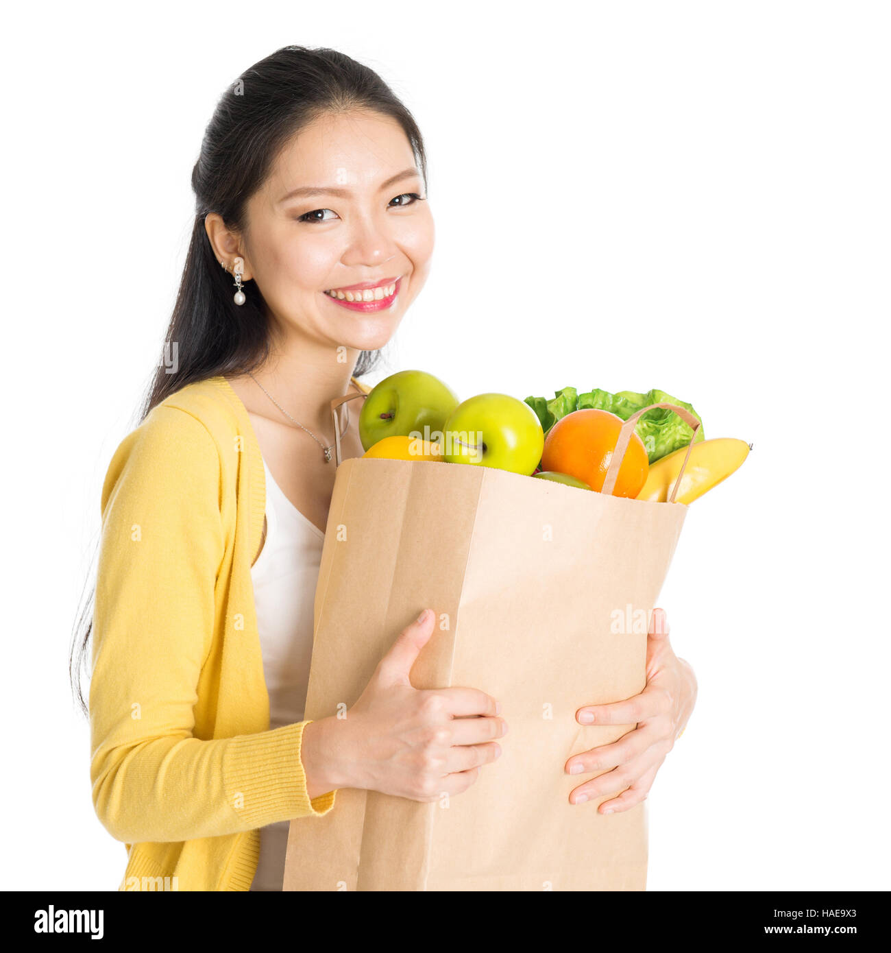 Happy Young Asian Woman Shopper Hands Holding Shopping Bags Full Of