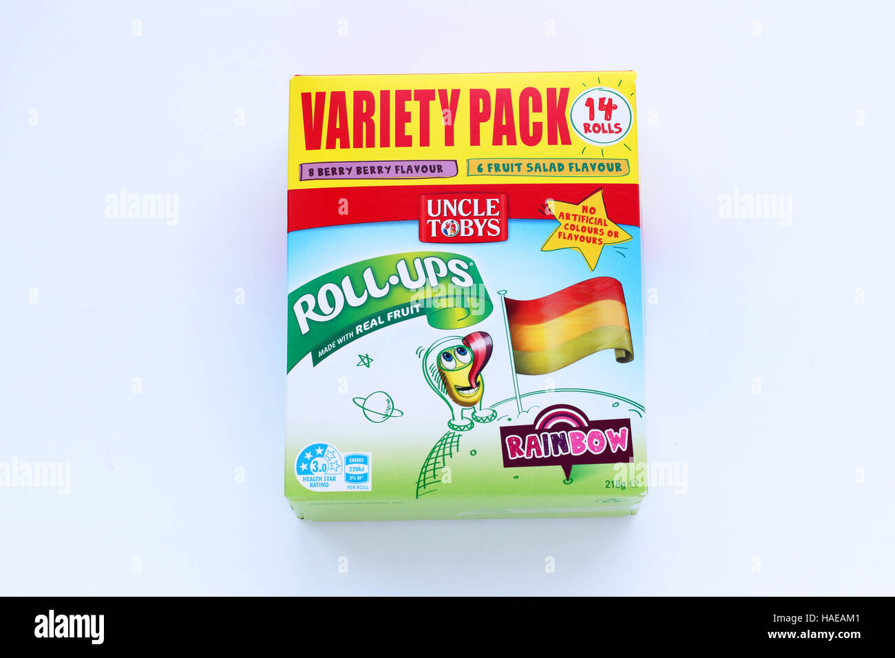 Australian Uncle Toby's Fun Print Strawberry Roll Ups isolated against ...