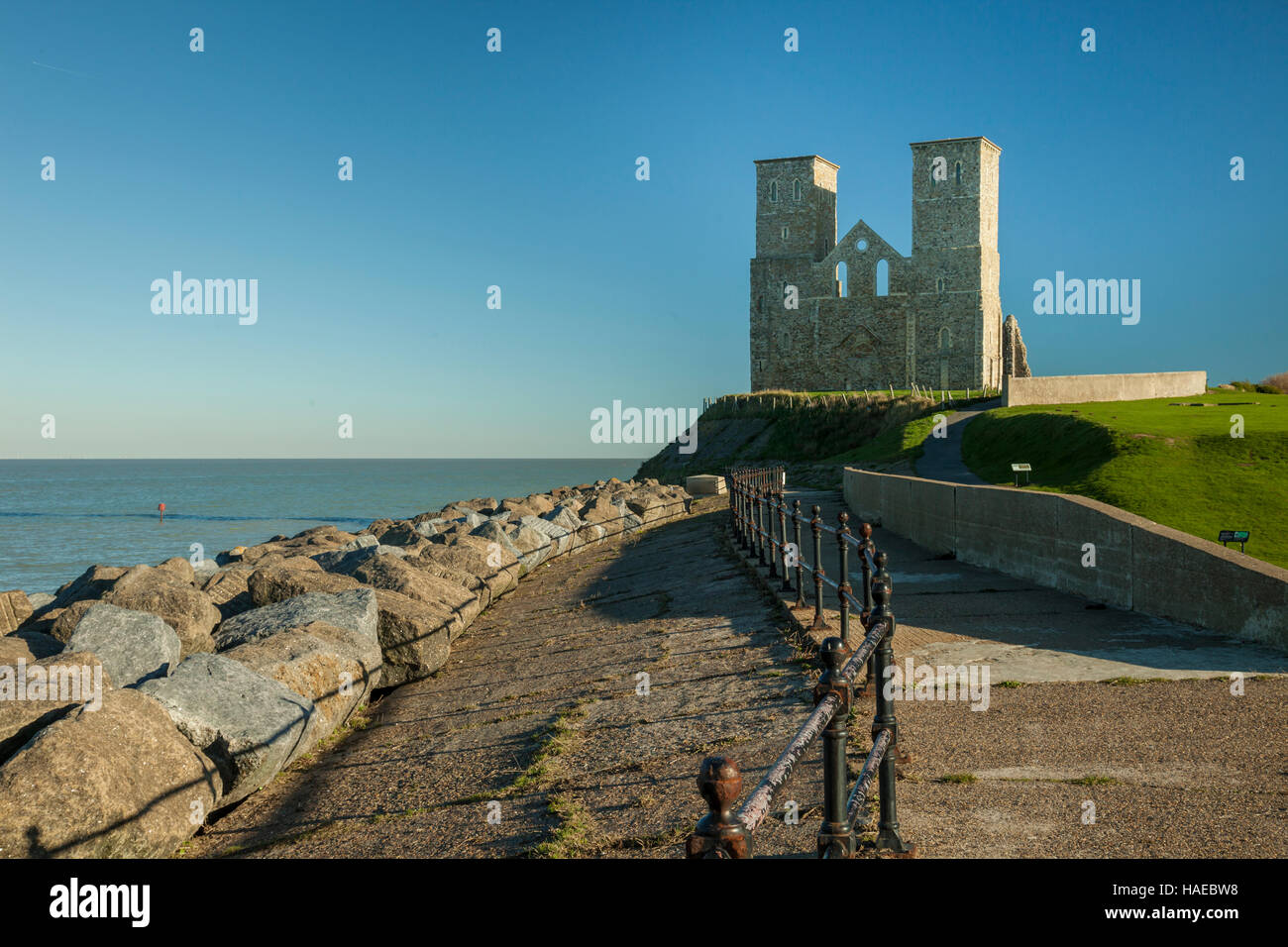 Autumn morning at the ruins of Reculver Abbey, Kent, England Stock ...