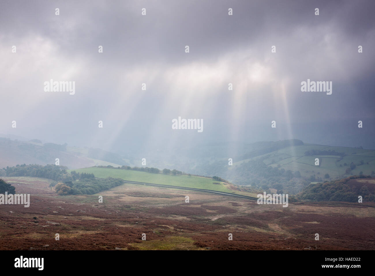 Filtered light over the Peak District national park, England Stock ...