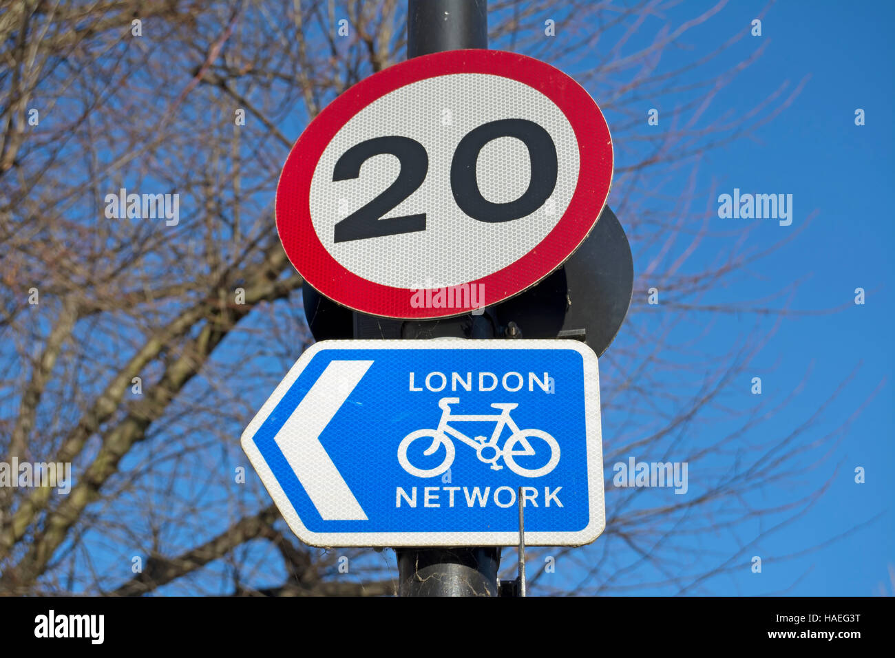 london cycle network sign beneath road sign indicating a 20mph speed ...