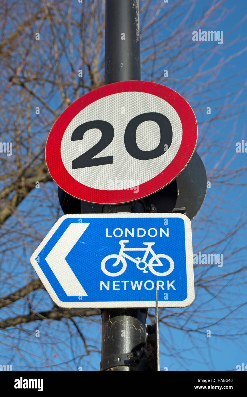 london cycle network sign beneath road sign indicating a 20mph speed ...