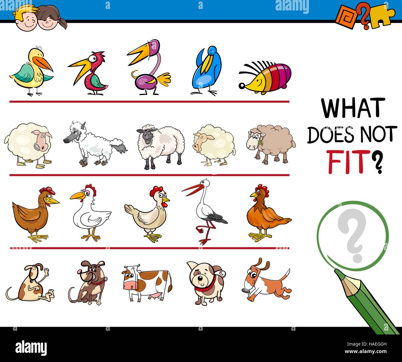 Cartoon Illustration of Finding Improper Item in the Row Educational ...