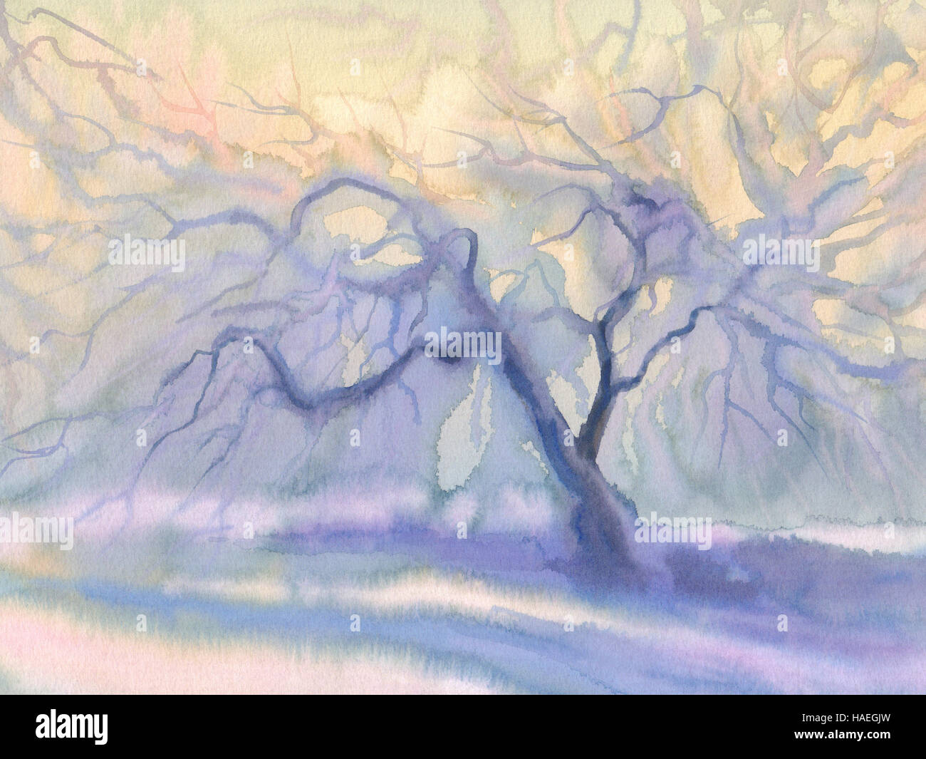 Winter landscape watercolor background. Winter blue landscape with ...
