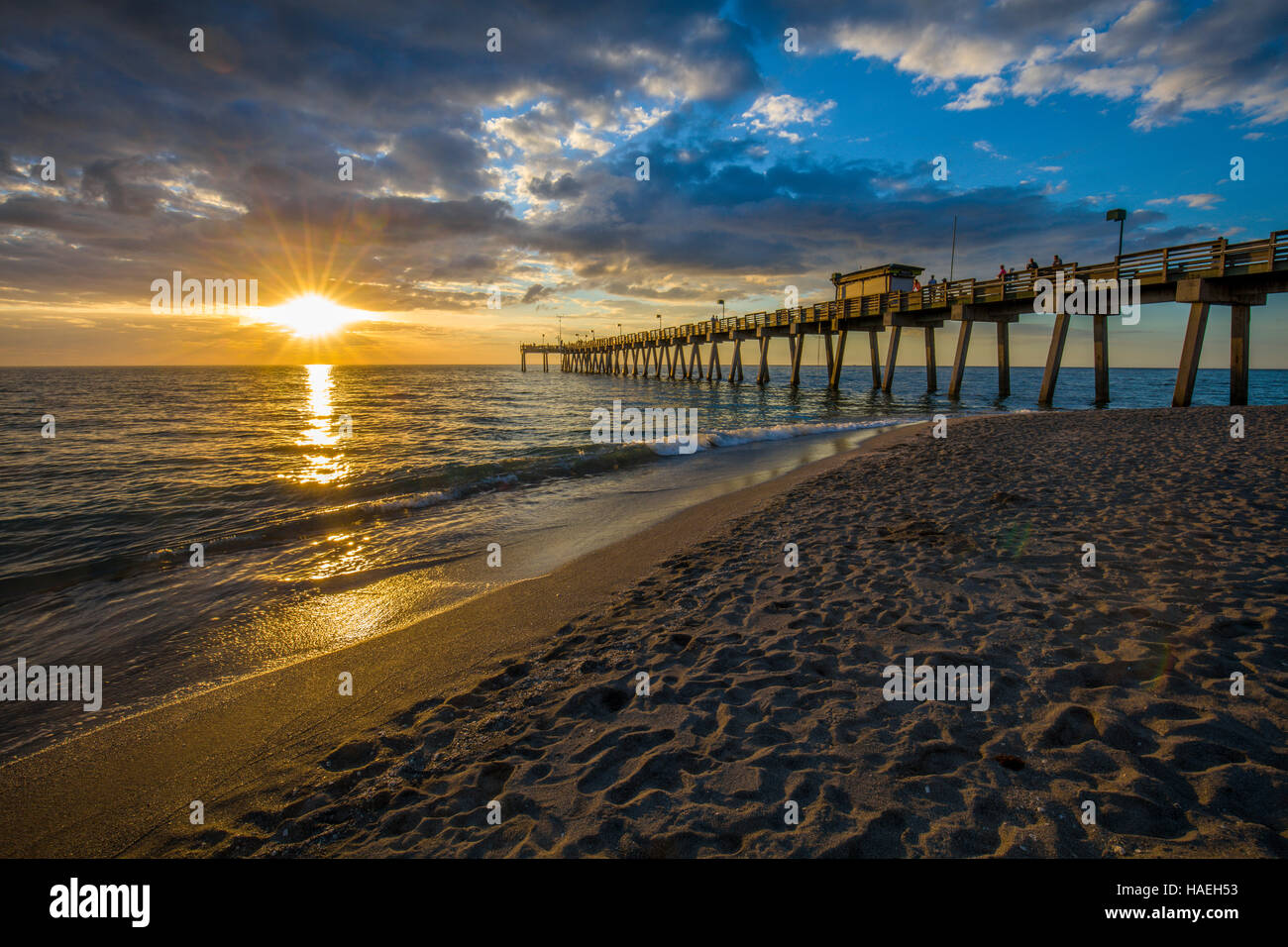 Sunset over Gulf of Mexico and Venice Pier from the beach in Venice on ...