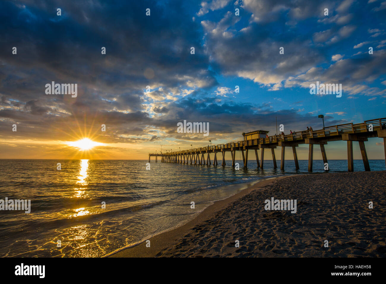Sunset over Gulf of Mexico and Venice Pier from the beach in Venice on ...