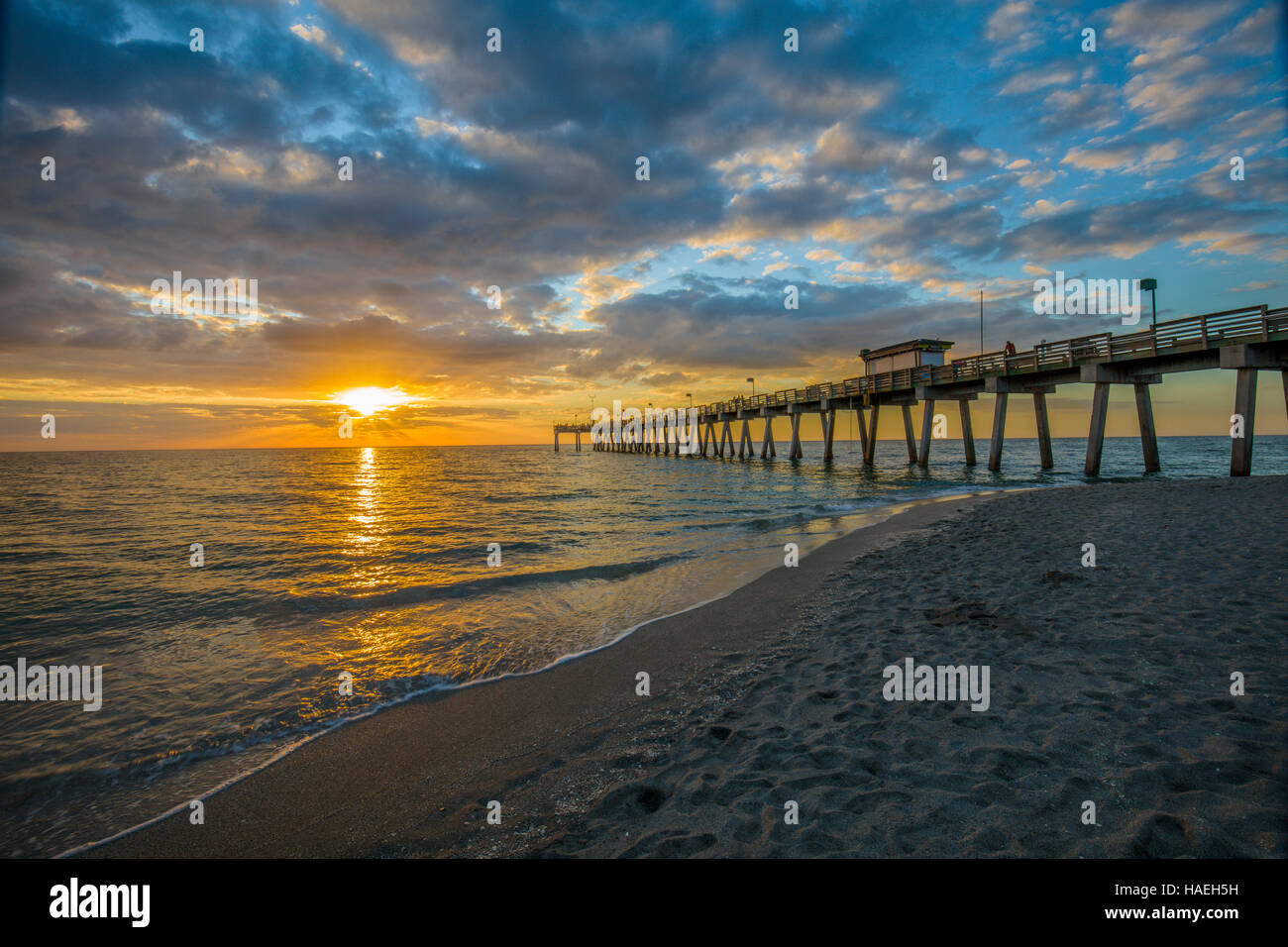 Sunset over Gulf of Mexico and Venice Pier from the beach in Venice on ...
