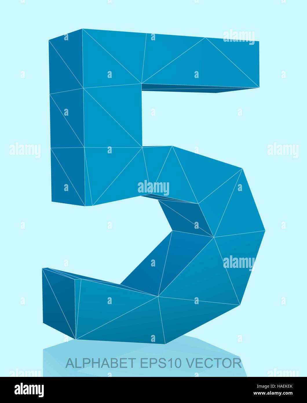 Abstract Blue 3D polygonal number five with reflection. Low poly ...
