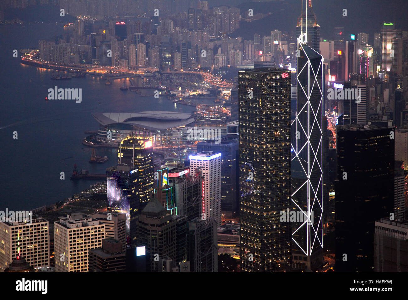 China, Hong Kong, harbor, Central district, skyline, aerial view Stock ...