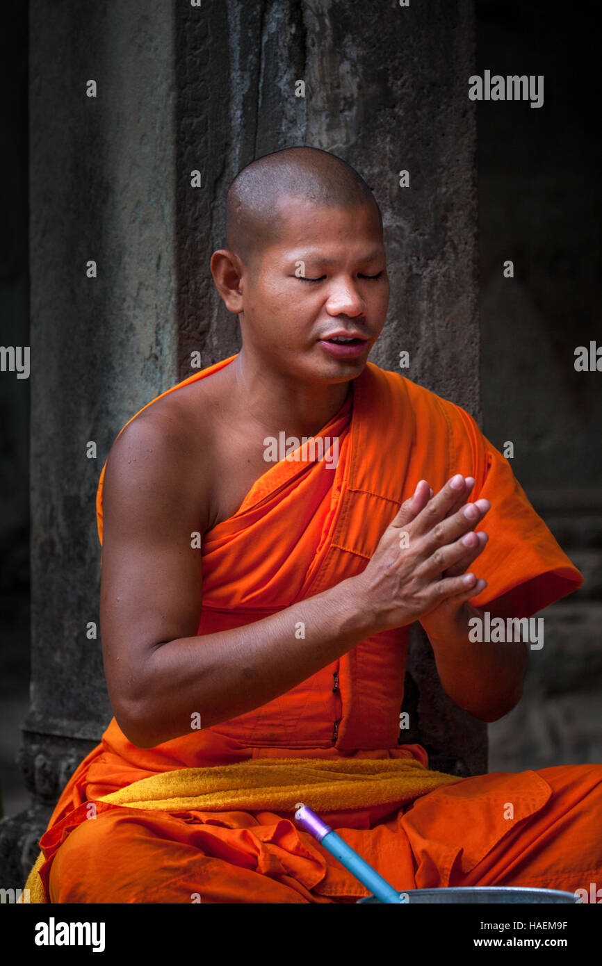 A Buddhist monk sits with his hands clasped and eyes closed chanting ...
