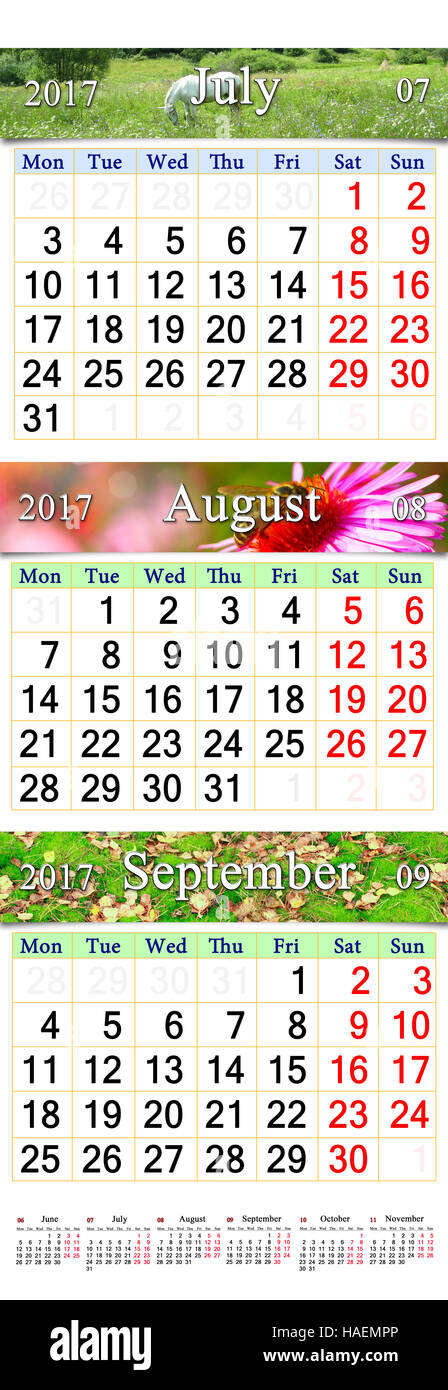 calendar for three months July August and September 2017 with images of ...