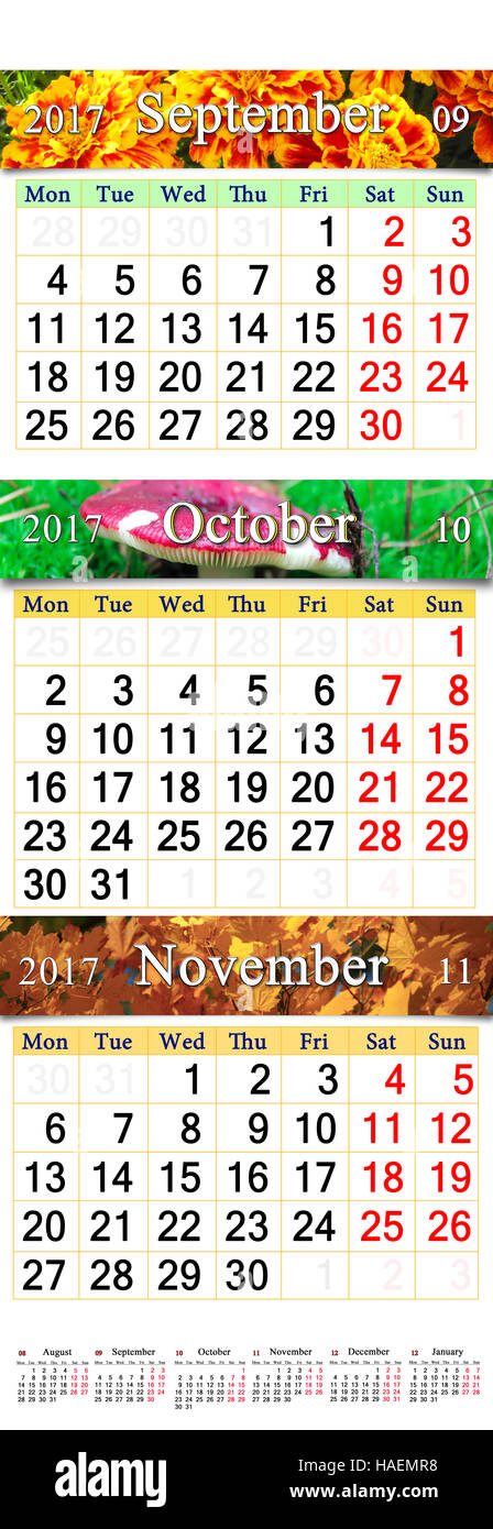 September October and November 2017 with colored pictures of mushrooms ...
