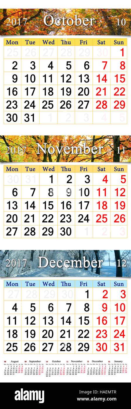 October November and December 2017 with colored pictures in form of ...