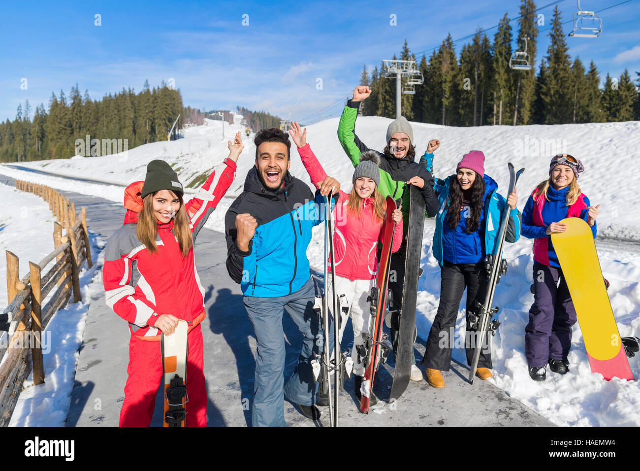 Group Of People Ski And Snowboard Resort Winter Snow Mountain Cheerful ...