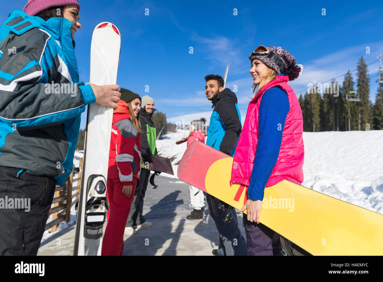 Group Of People Ski And Snowboard Resort Winter Snow Mountain Happy ...