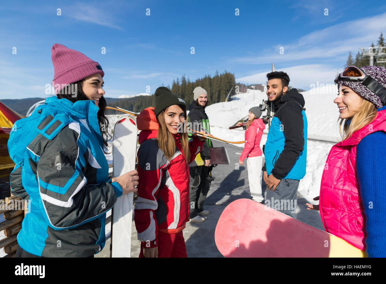 Group Of People Ski And Snowboard Resort Winter Snow Mountain Happy ...