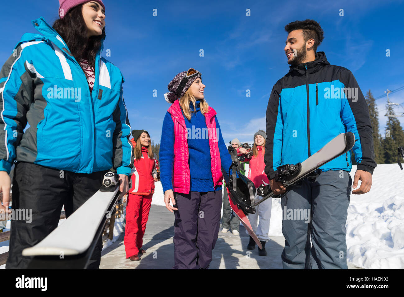 Group Of People Ski And Snowboard Resort Winter Snow Mountain Cheerful ...
