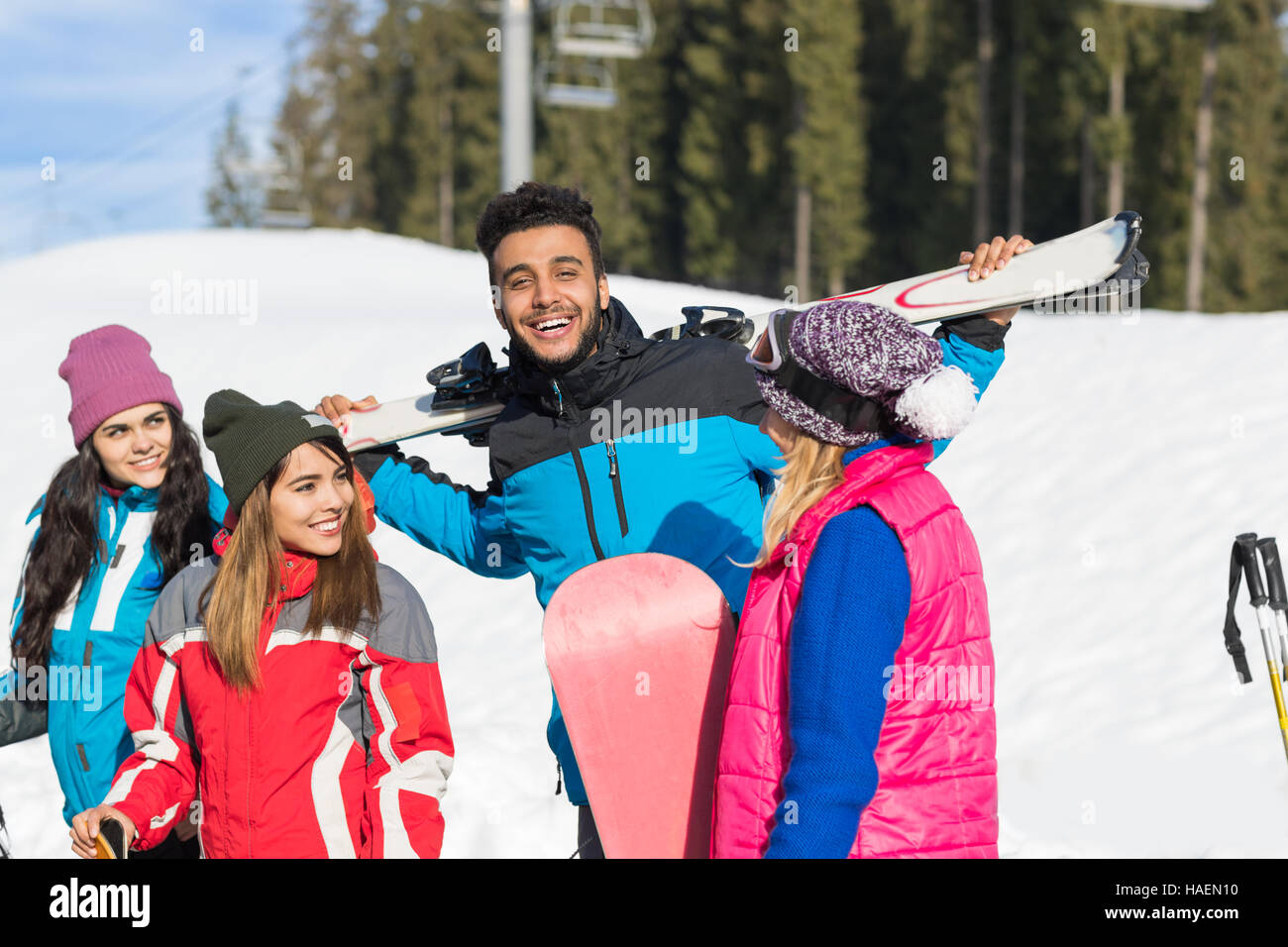 Group Of People Ski And Snowboard Resort Winter Snow Mountain Cheerful ...