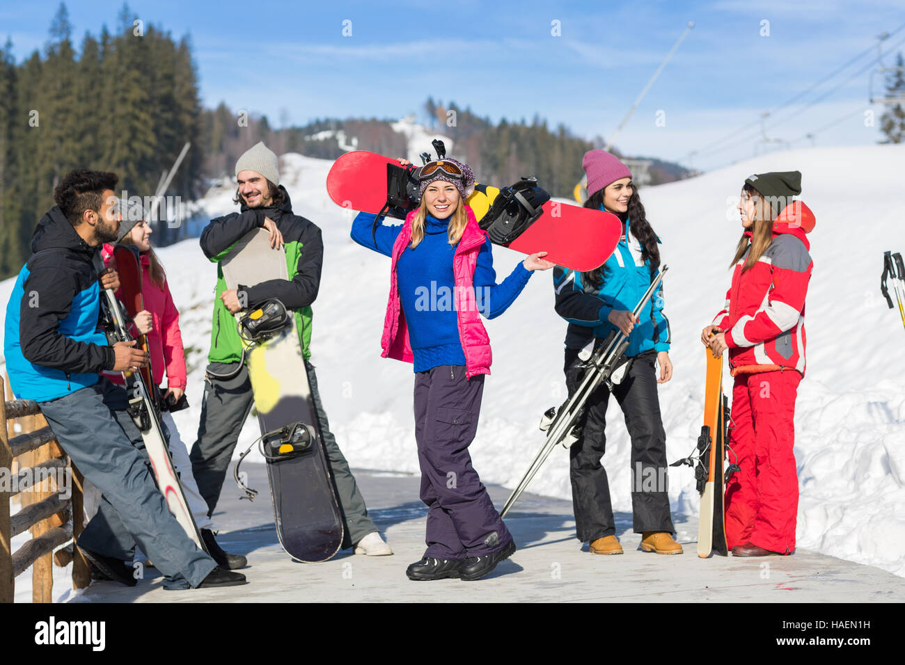 Group Of People Ski And Snowboard Resort Winter Snow Mountain Cheerful ...