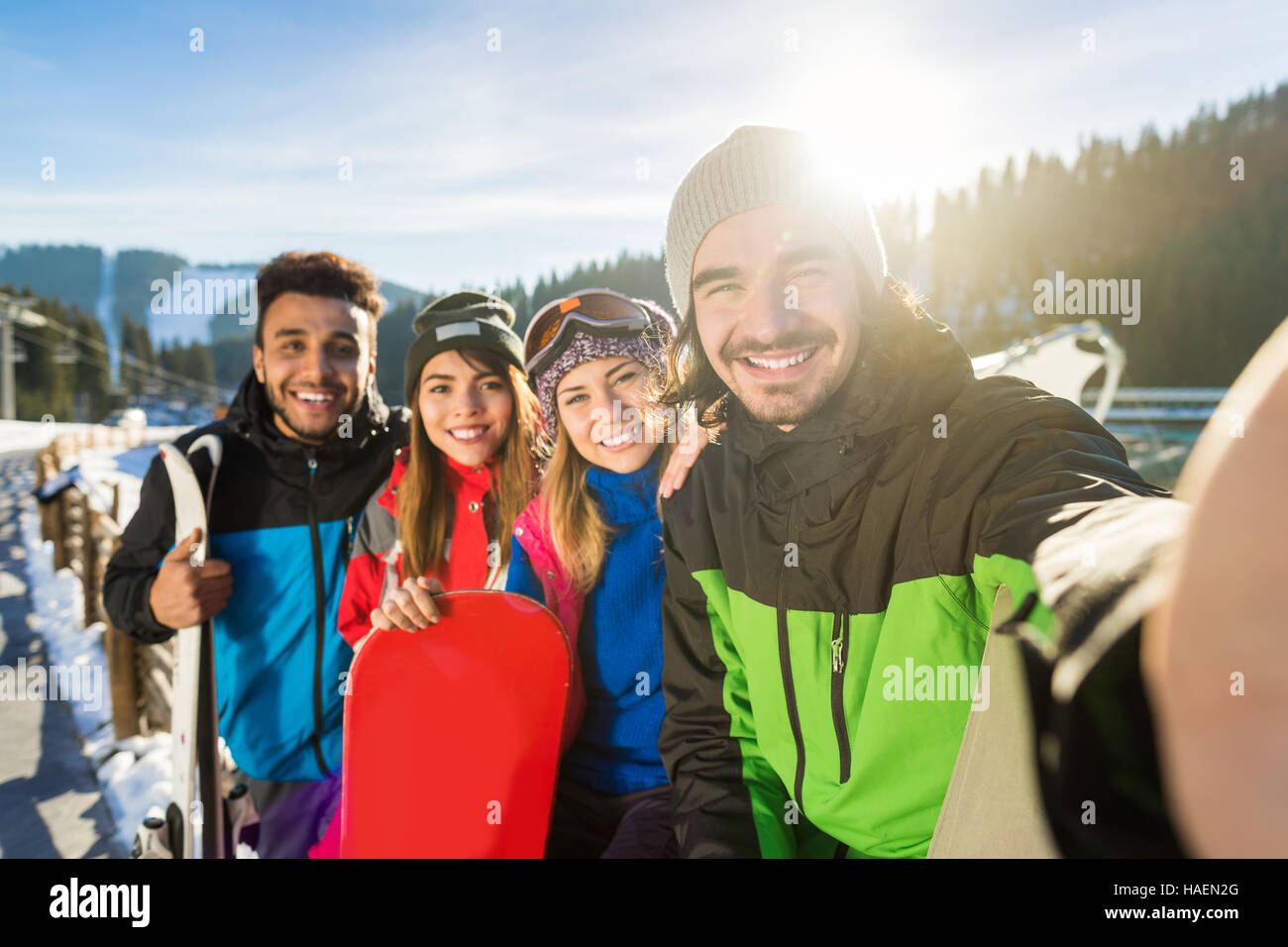 Group Of People Ski Snowboard Resort Winter Snow Mountain Happy Smiling ...