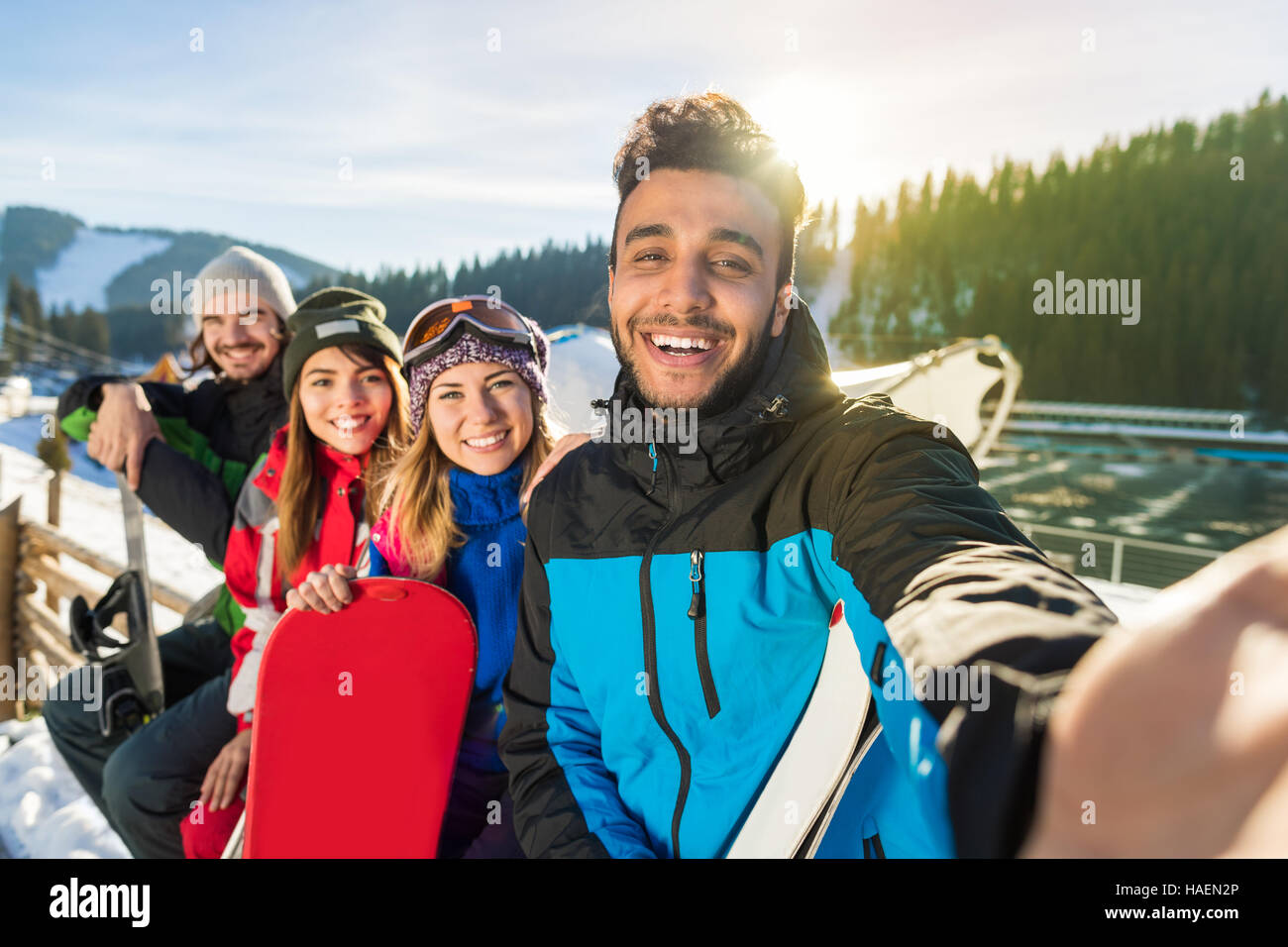 Group Of People Ski Snowboard Resort Winter Snow Mountain Happy Smiling ...