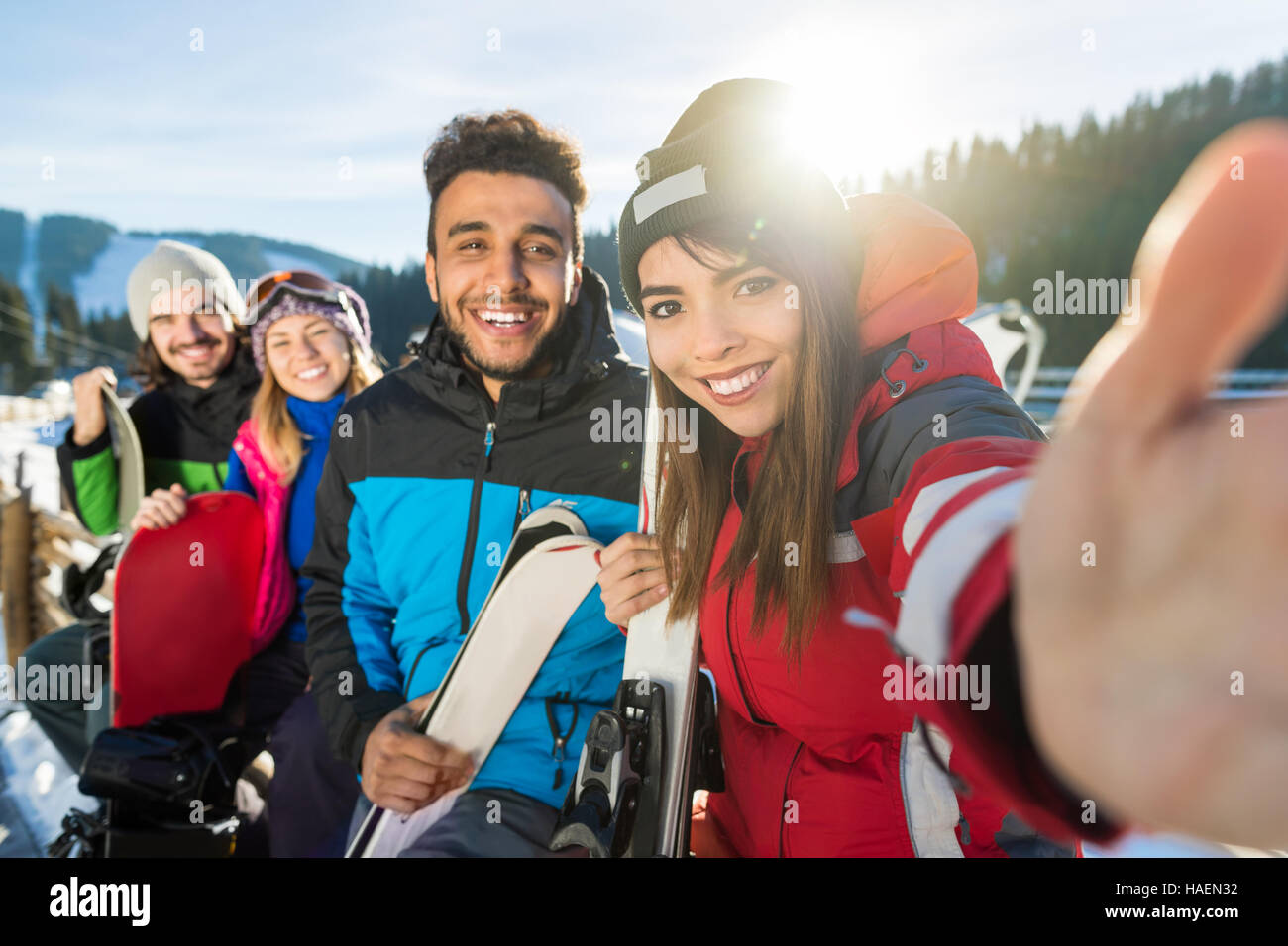 Group Of People Ski Snowboard Resort Winter Snow Mountain Happy Smiling ...