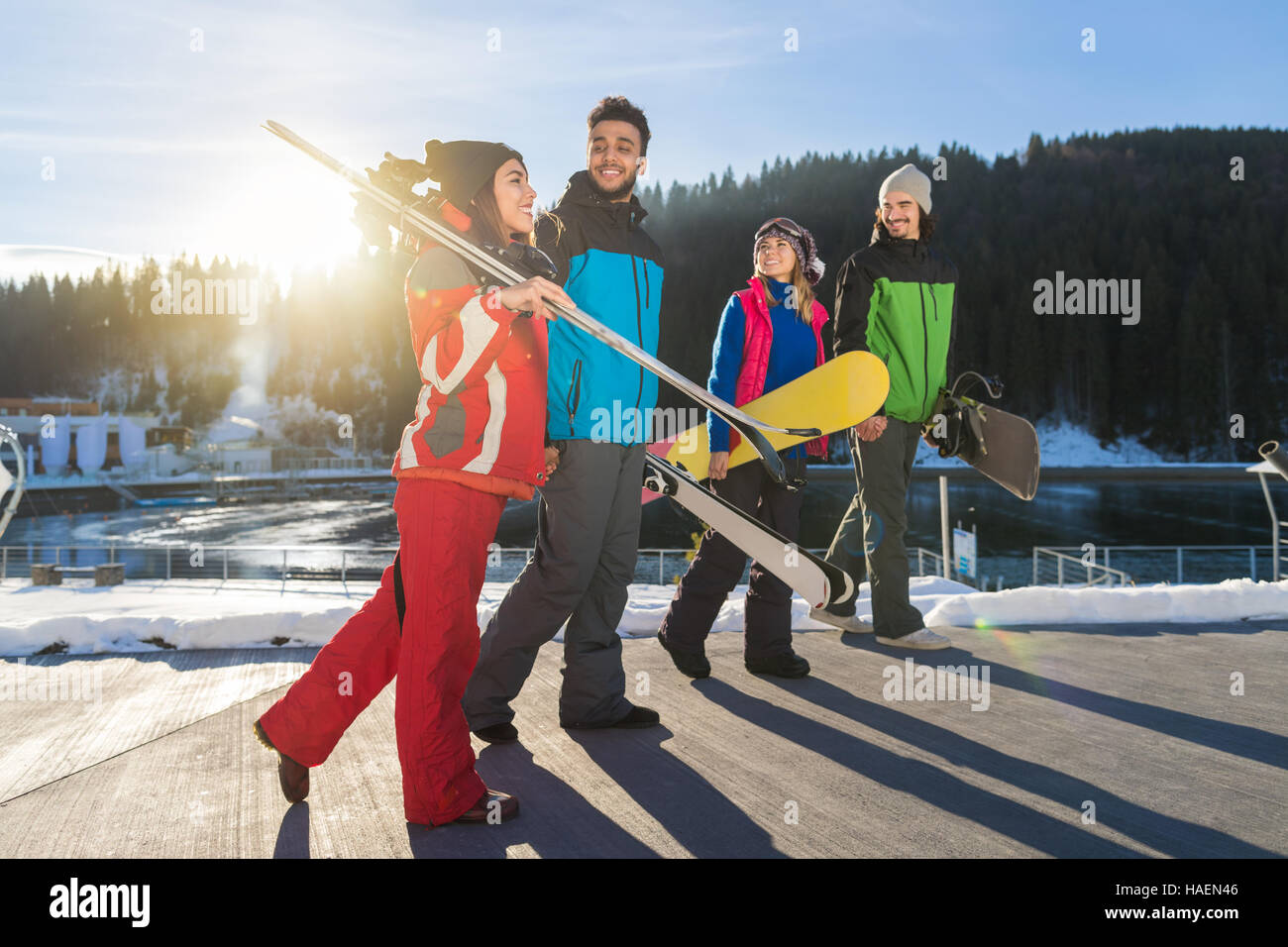 Group Of People Ski And Snowboard Resort Winter Snow Mountain Cheerful ...