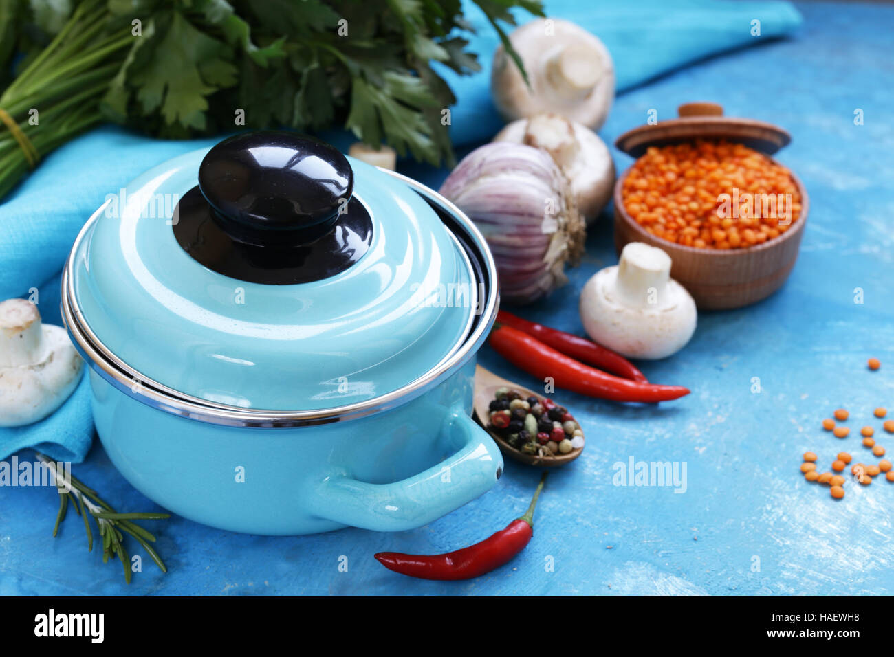 cooking pot and ingredients for soup or stew on rustic background Stock ...