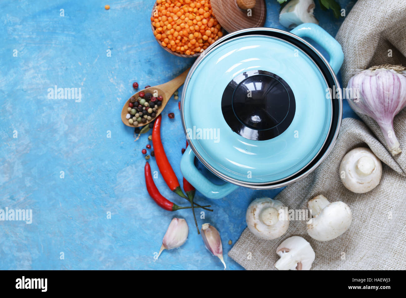 cooking pot and ingredients for soup or stew on rustic background Stock ...