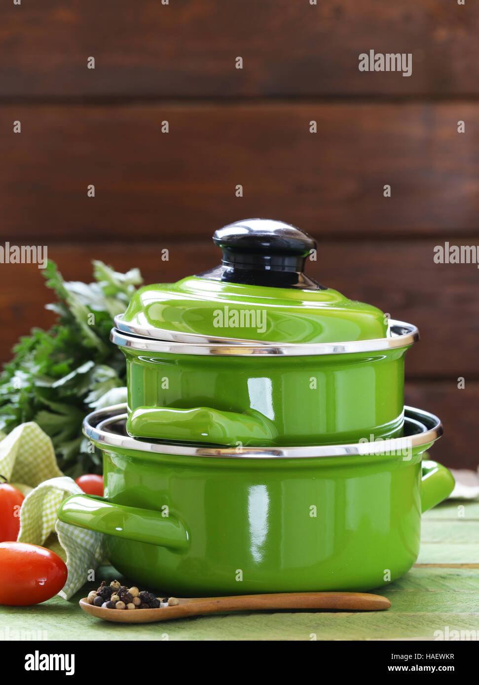cooking pot and ingredients for soup or stew on rustic background Stock ...