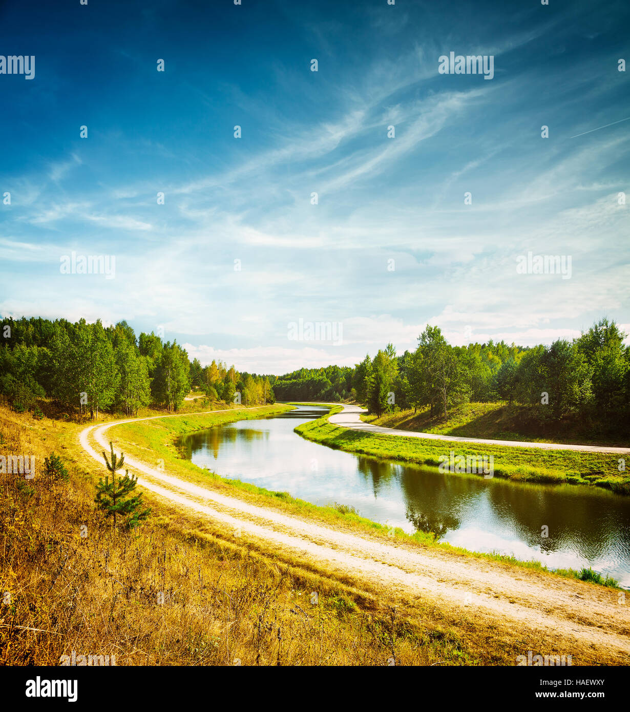 Summer Landscape with River and Blue Sky Stock Photo - Alamy