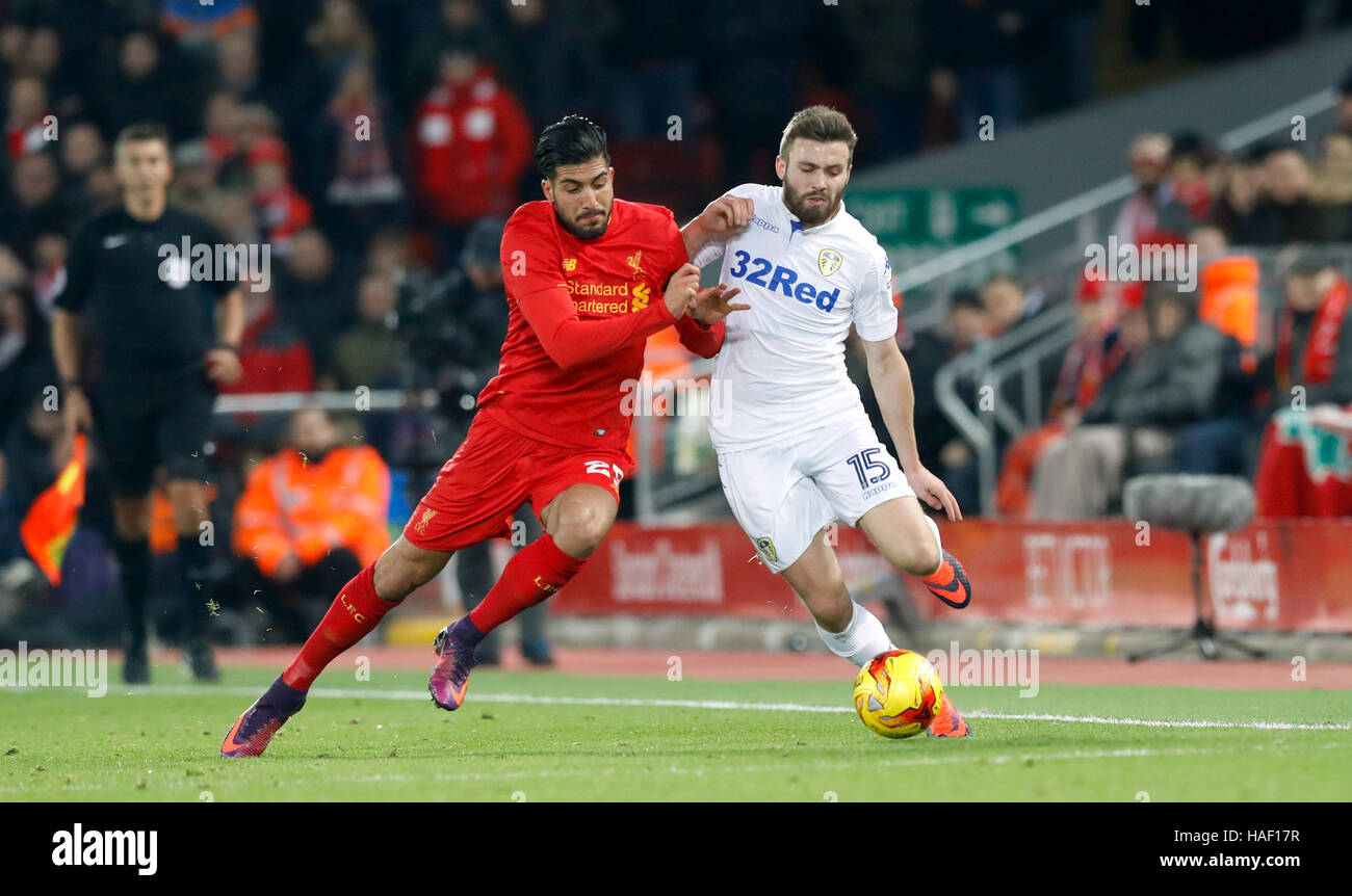 Leeds United's Stuart Dallas (right) and Liverpool's Emre Can (left ...