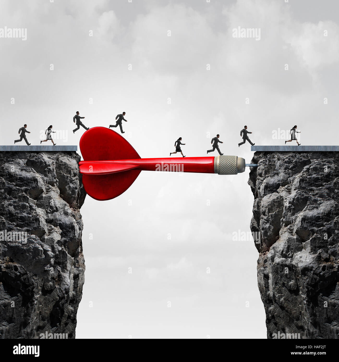 Human resources target as a group of people running across a giant dart ...