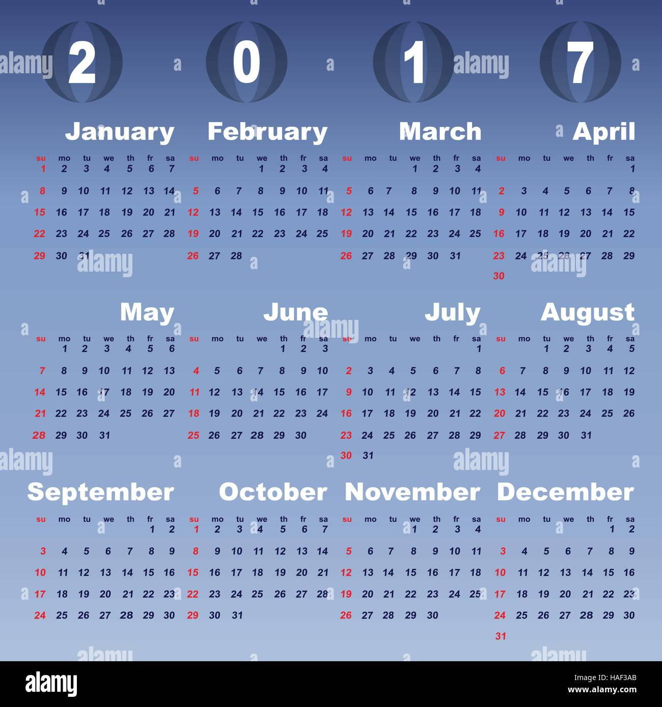 2017 calendar on blue gradient background, stock vector Stock Vector ...