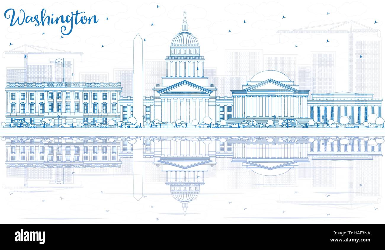 Outline Washington DC Skyline with Blue Buildings and Reflections ...