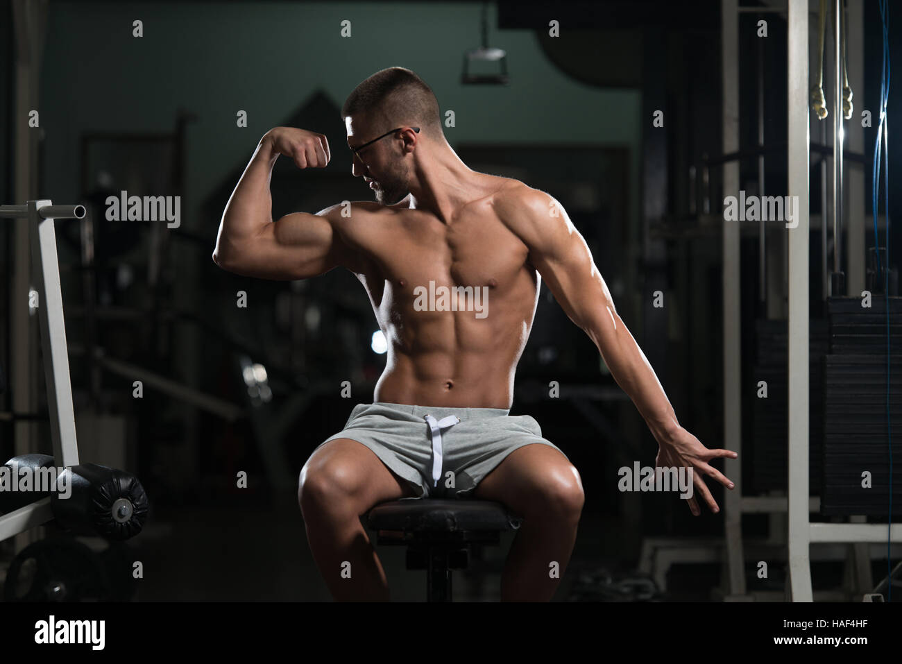 Handsome Geek Man Sitting Strong In The Gym And Flexing Muscles ...