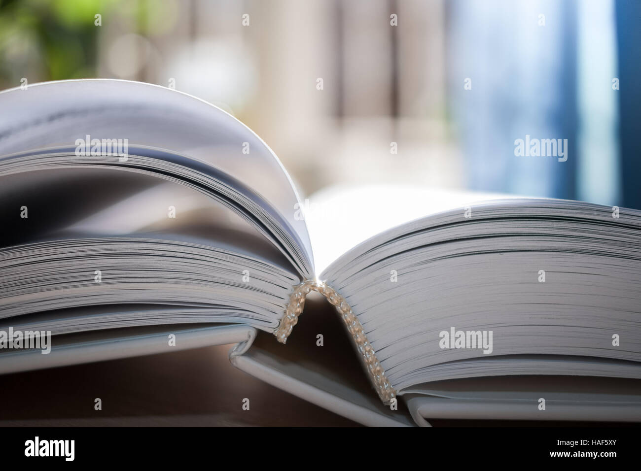 In the foreground an open book close-up. Blurred colored background ...