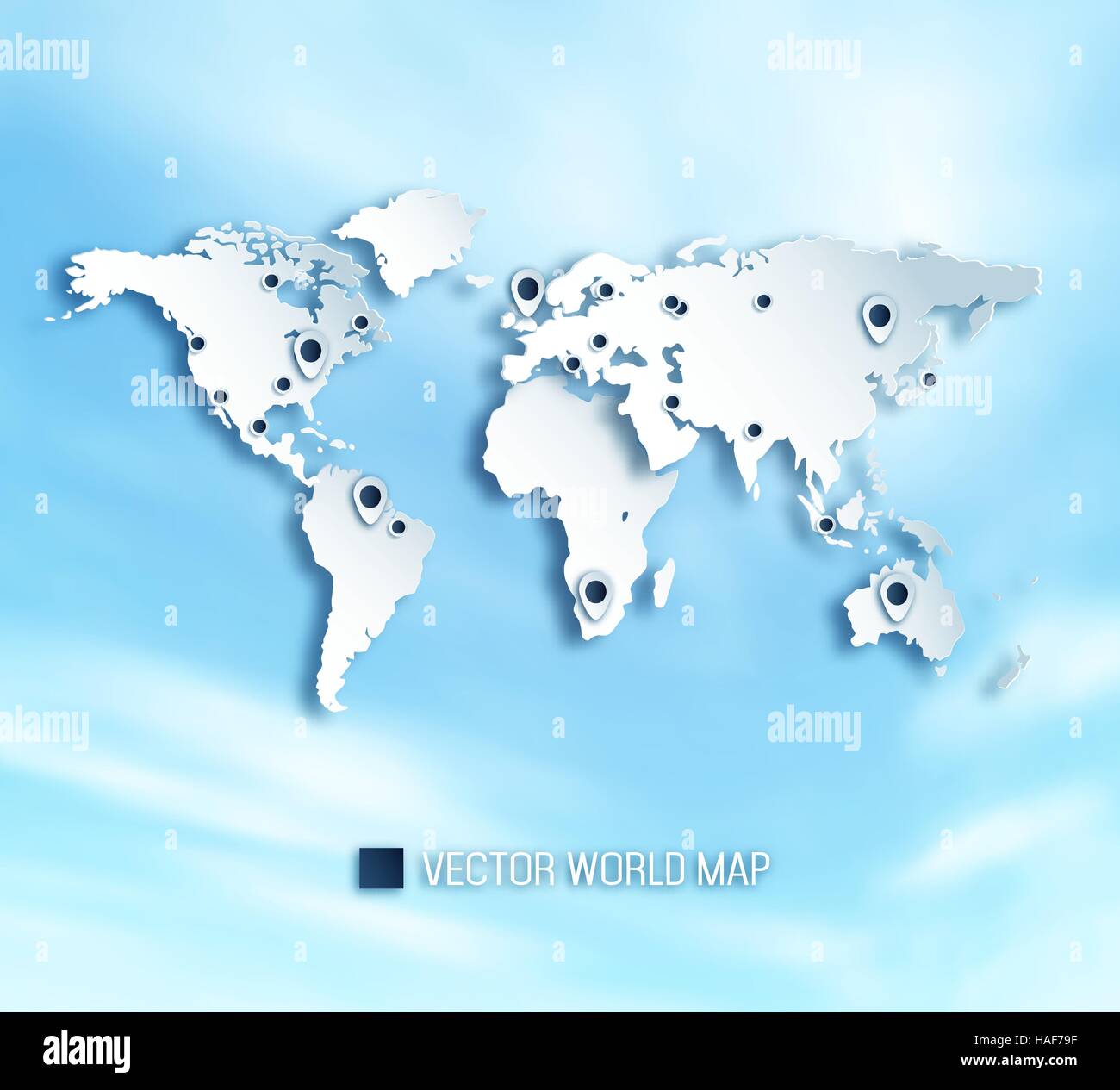 3D World Map With Shadows And Marks On A Cloud Sky Background Stock ...
