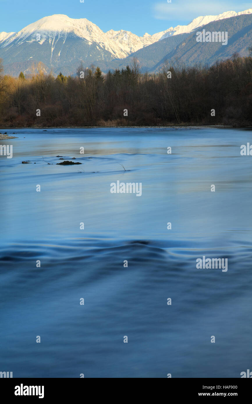 The mighty Sava river as it flows southwards through the little village ...
