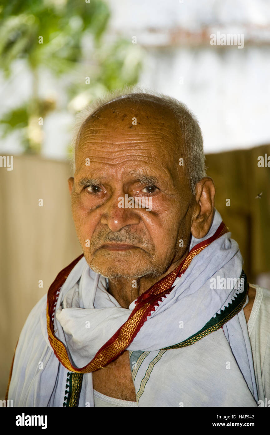 portrait of north indian 96 years old farmer with scarf gamcha at ...