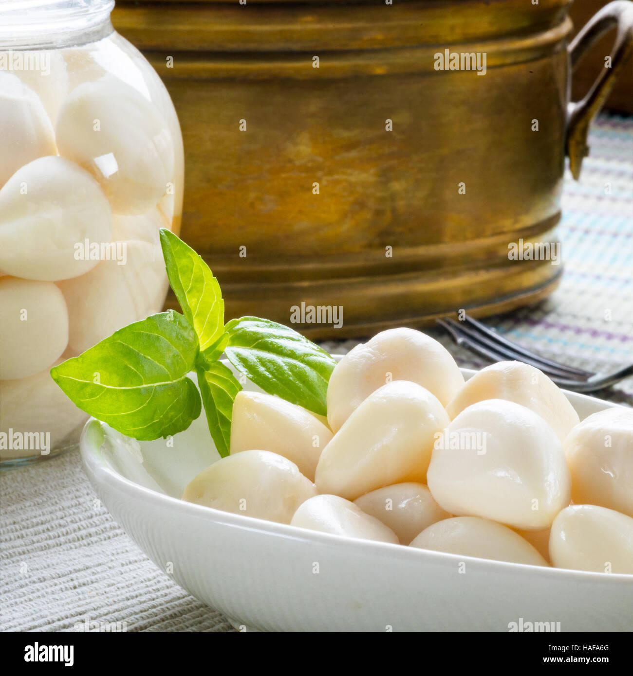 Pickled garlic arrangement with green garnish in a square format copy ...